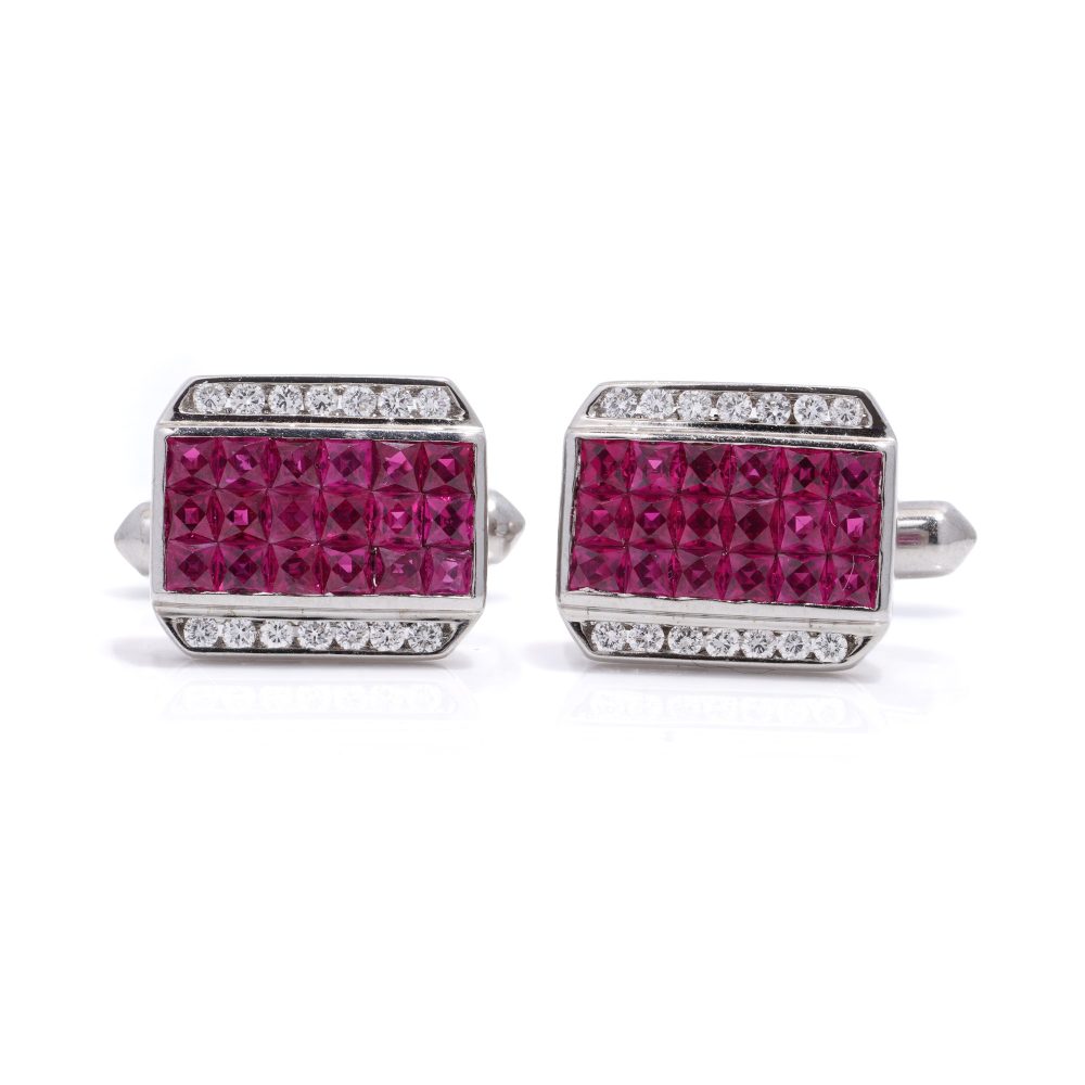 Cufflinks In 18 Carat White Gold With 3.6 Carats Rubies And Diamonds