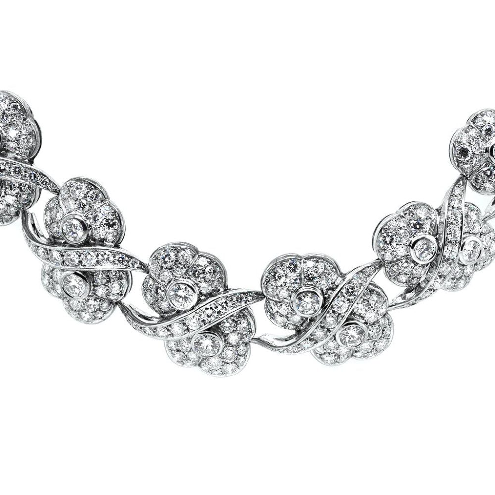 18 Carat White Gold And Diamond Ornate Link Flat Collarette Necklace