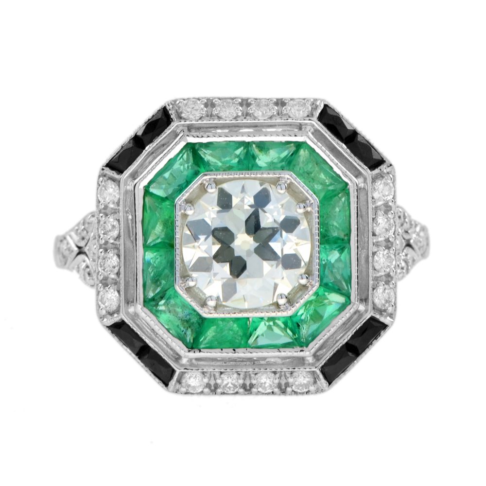 Old Cut Diamond, Emerald and Onyx Octagonal Cluster Ring – Jewellery ...